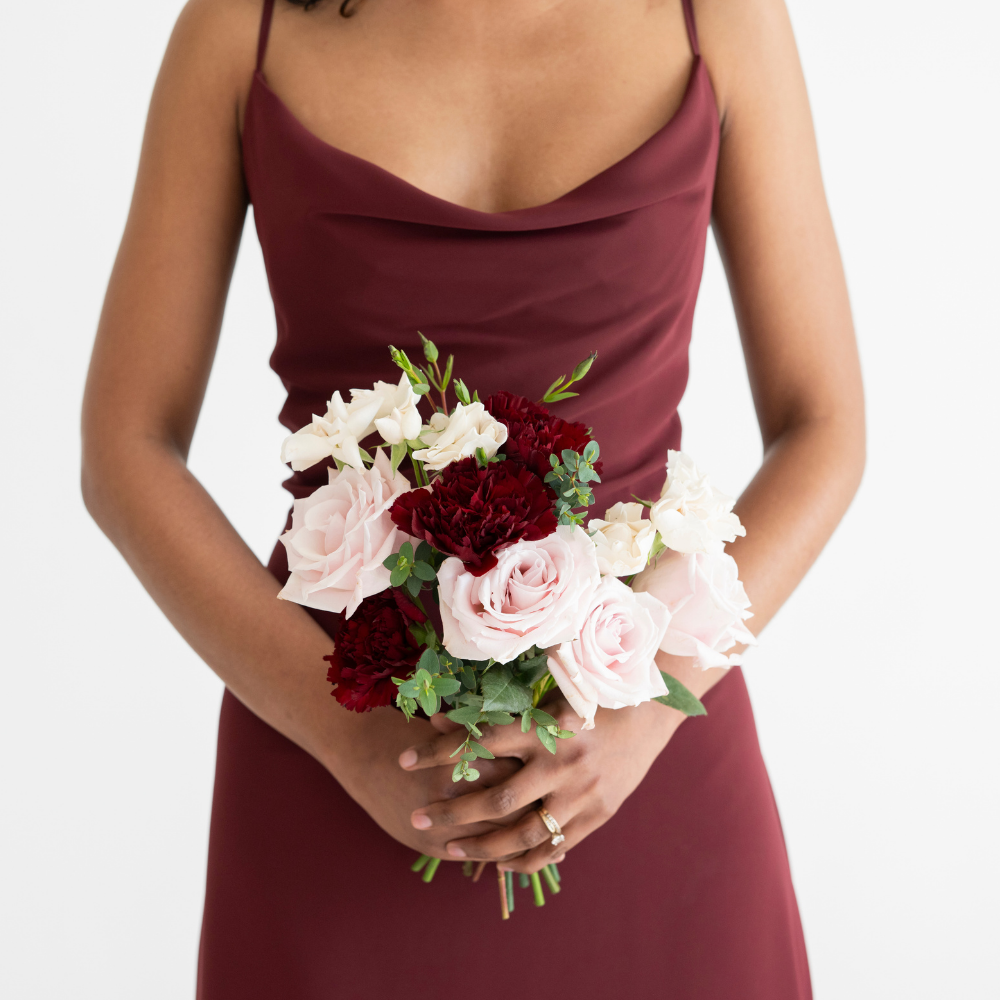 Blush and Burgundy Premade Bridesmaid Bouquet | Flower Moxie DIY Wedding